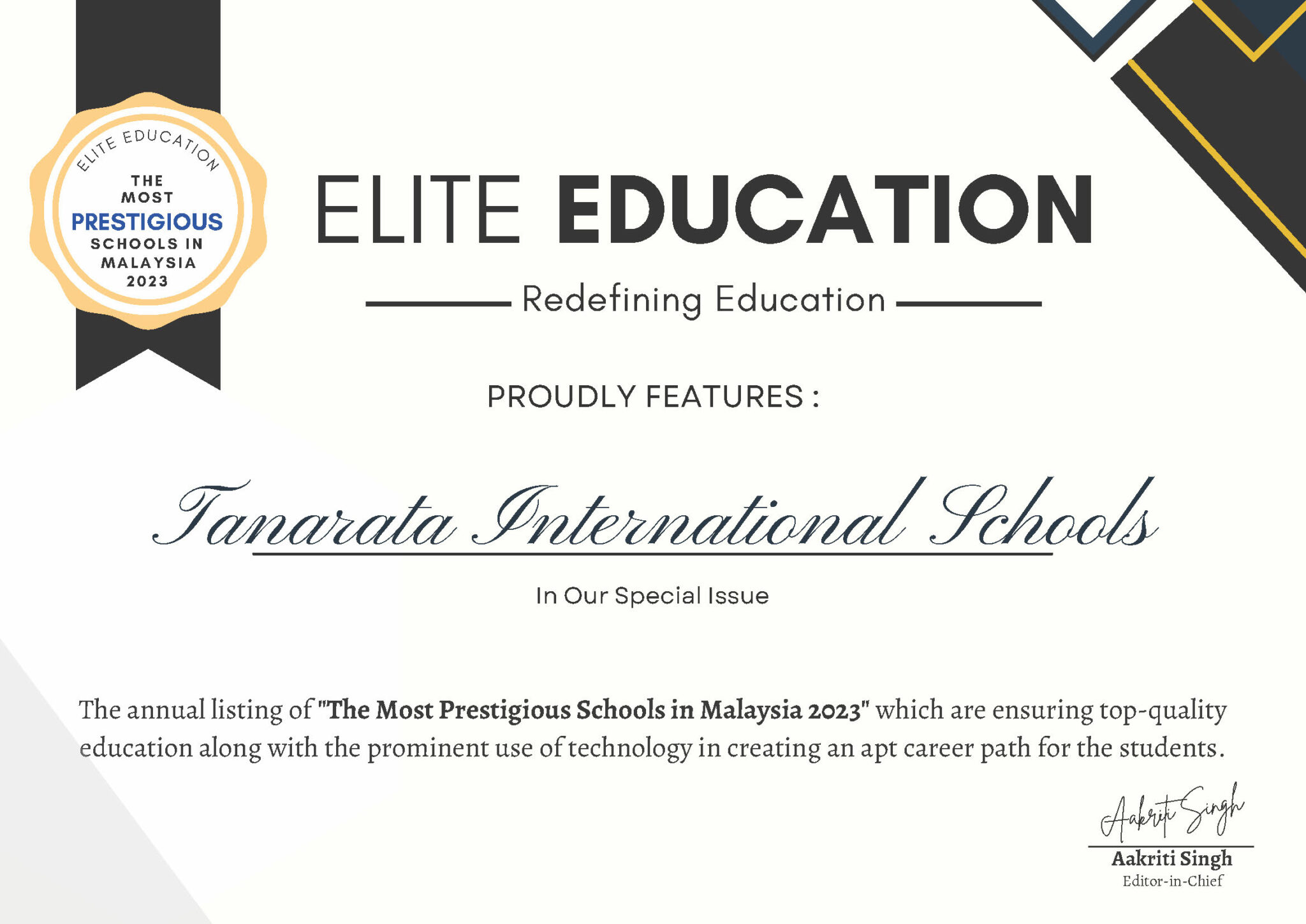 Tanarata International Schools is listed as one of “The Most ...