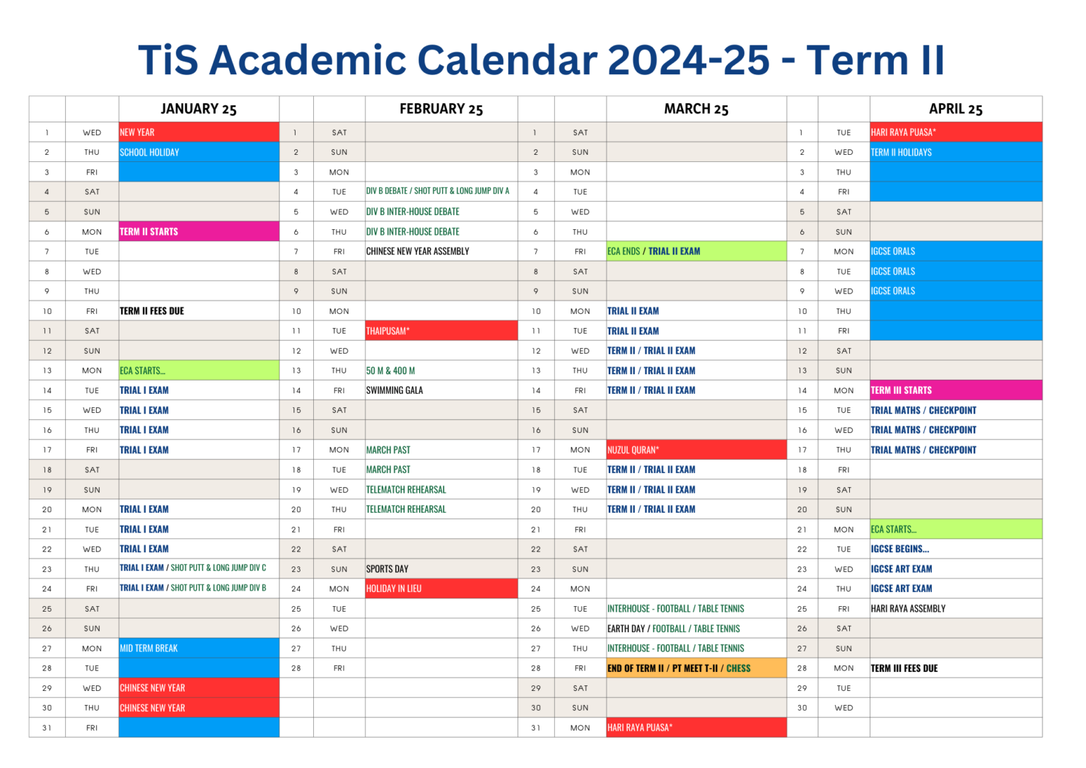 Academic & Activities Calendar – Tanarata International Schools